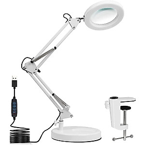 5X Magnifying Lamp, 2-in-1 Magnifying Lamp Tool Magnifying Glass with Light and Stand, with Base and Clamp 3 Color Modes Stepless Dimmable, LED 5X Glass Magnifying Desk Lamp & Clamp for Reading