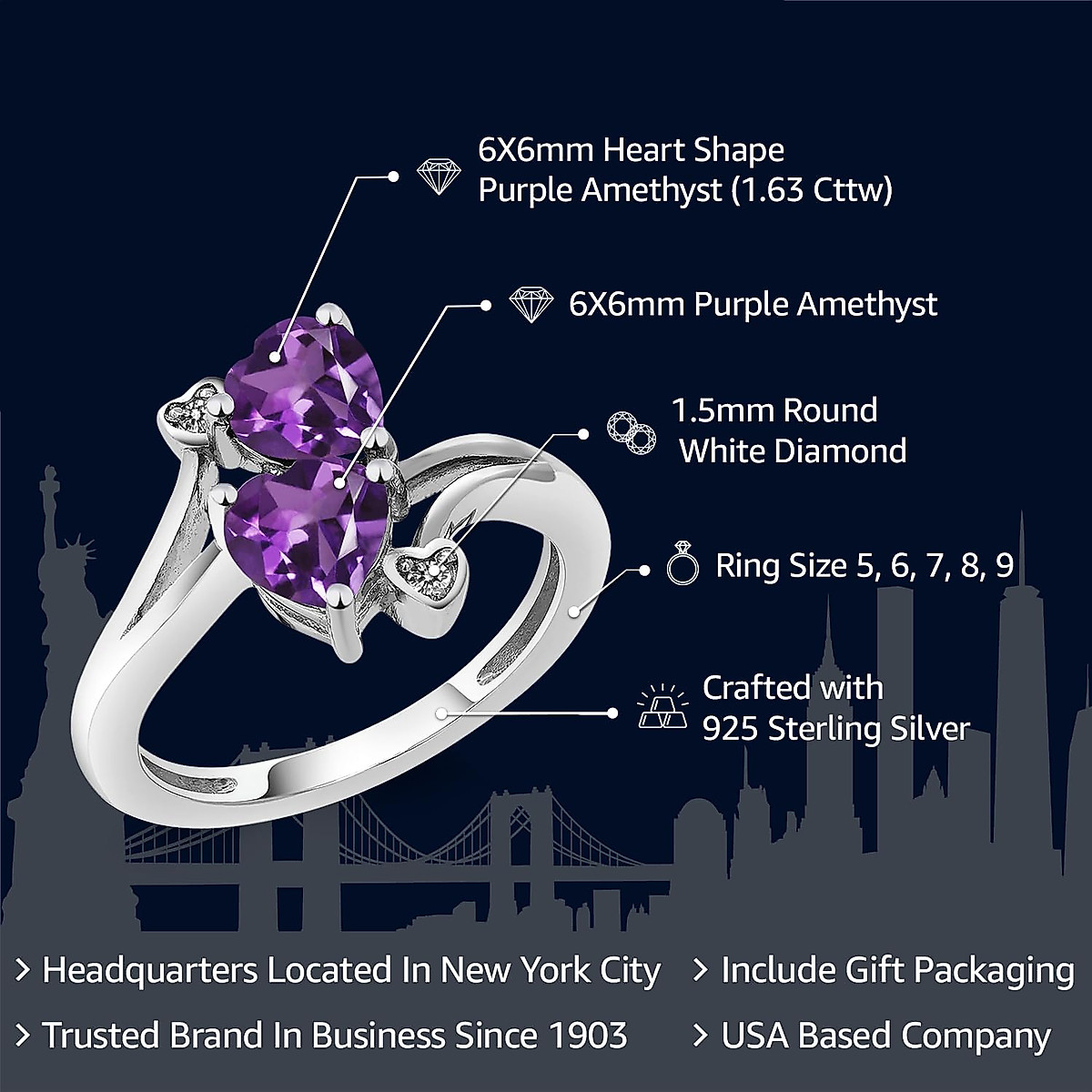 Gem Stone King 925 Sterling Silver Purple Amethyst and White Diamond Ring For Women | 1.63 Cttw | Heart Shape 6MM | Gemstone February Birthstone | Available In Size 5, 6, 7, 8, 9