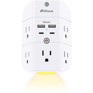 Outlet Extender with Night Light, 5-Outlet Surge Protector with 3 USB Charging Ports, 1800J Power Strip Multi Plug Outlets Wall Adapter Expander with Spaced Outlets for Home, School, Office