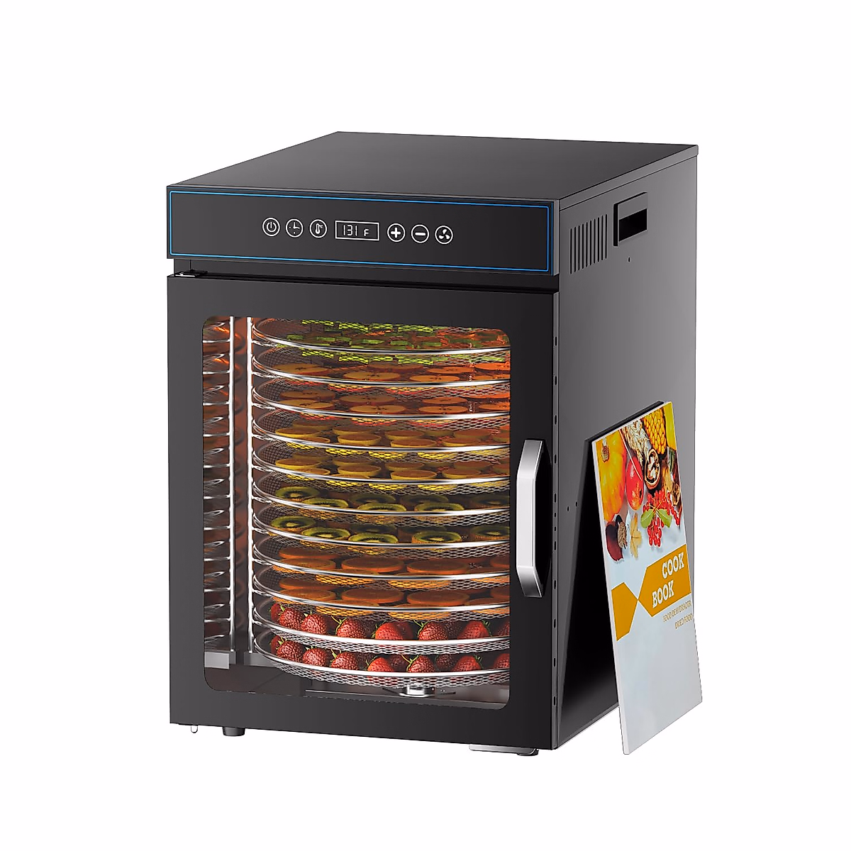 Food dehydrator, 12-layer stainless steel rotating dehydrator, suitable for food, jerky, dog food, herbs, vegetables, fruits, temperature function, 24-hour timer, overheating protection