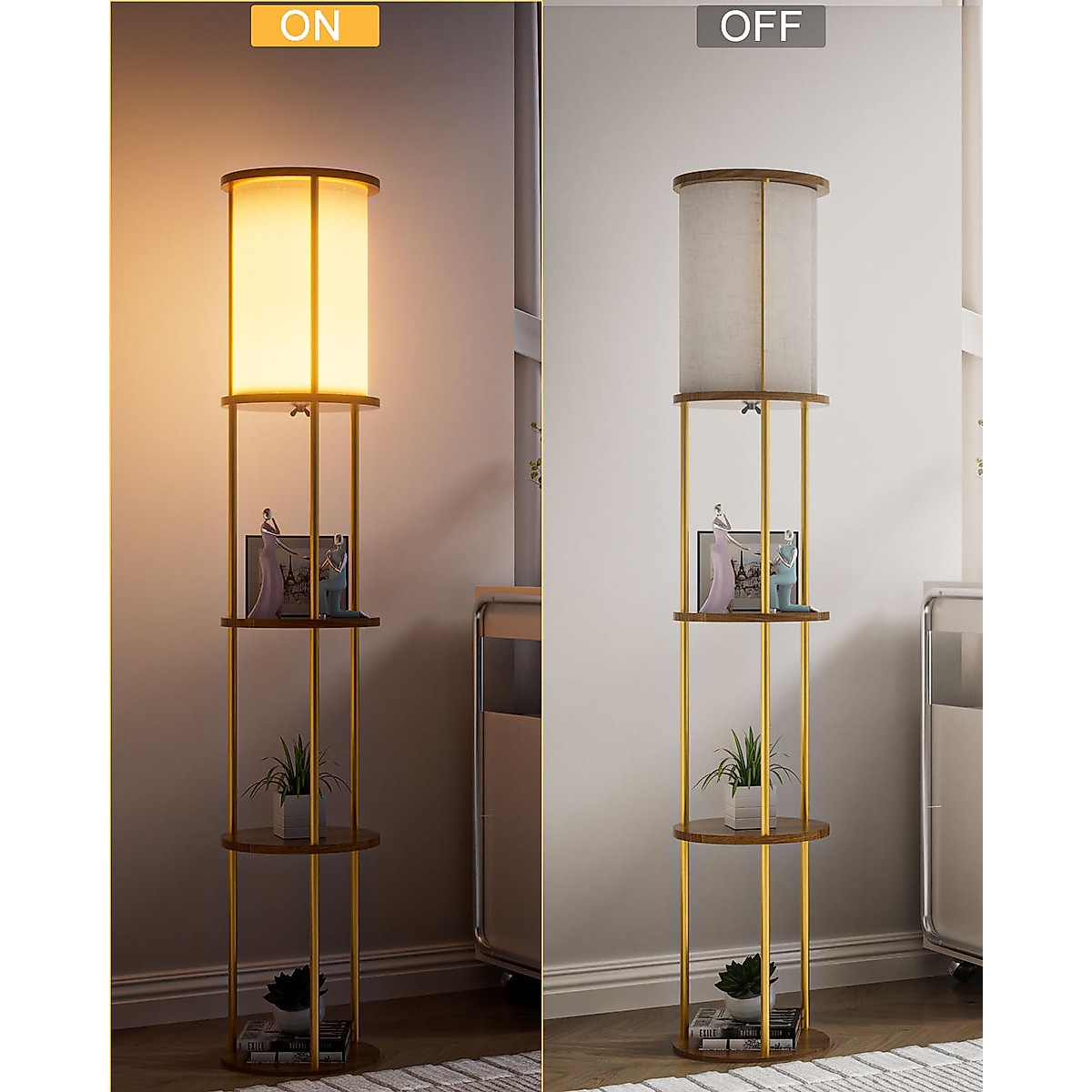 Floor Lamp with Big Shelves,3-Tier Golden Cylinder Shelf Floor Lamps with 3000K Warm Soft Brightness E26 LED Bulb (Included), Linen Shade Storage Wood Texture Modern Floor Lamp with Foot switch