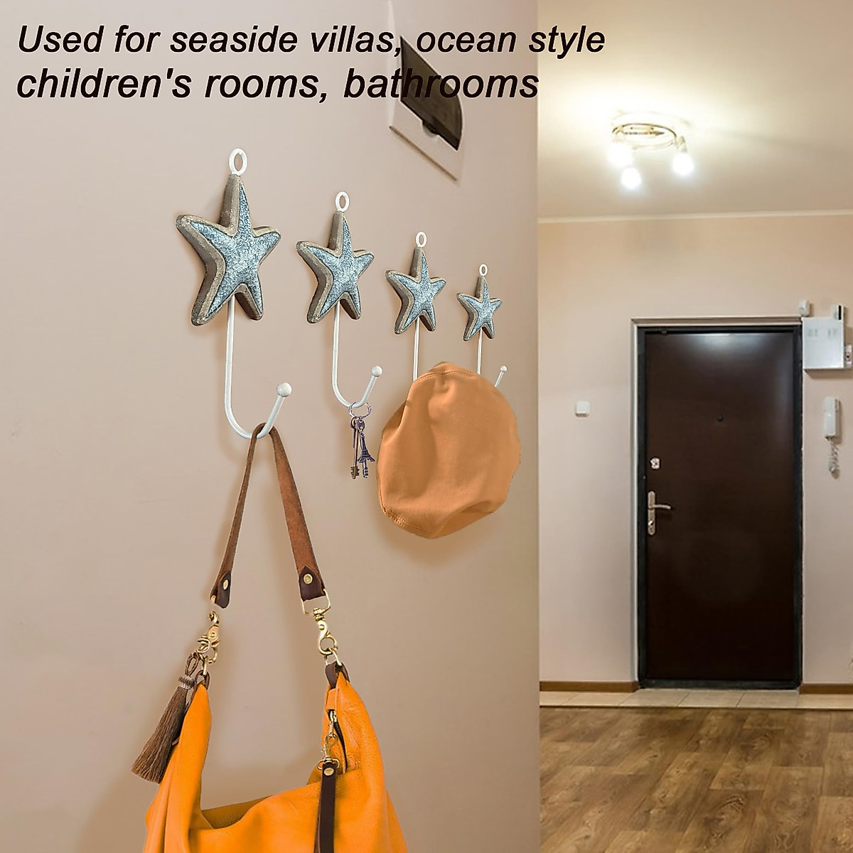 MShengM Set of 4 Starfish Decorative Wall Hooks,White Starfish Decor Hooks,Beach Coastal Wall Hooks,Beach Ocean Home Coastal Bathroom Hook for Clothes,Aprons,Towels,Hats