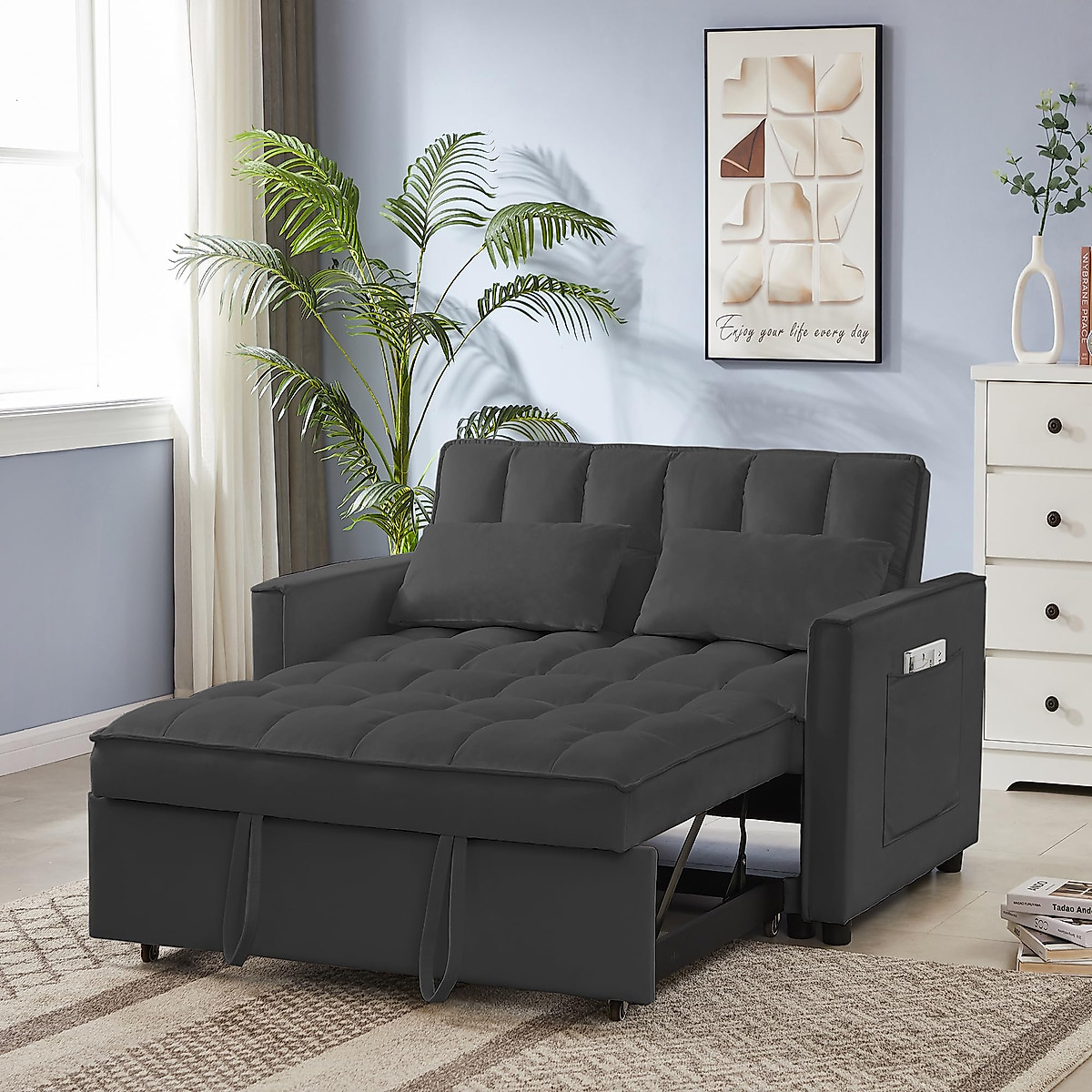 Lepfun 3 in 1 Convertible Sleeper Sofa Couch with Pull Out Bed, Small Futon Loveseat Lounge Chaise with Reclining Backrest and Armrest, Upholstered Love Seats Sofabed, Black Velvet