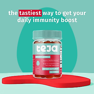 TEJA Immunity Gummy Vitamins for Teens and Adults, Daily Immune Support, Vitamins C, D, Zinc, Low Sugar, Teen Health, 30 Gummies