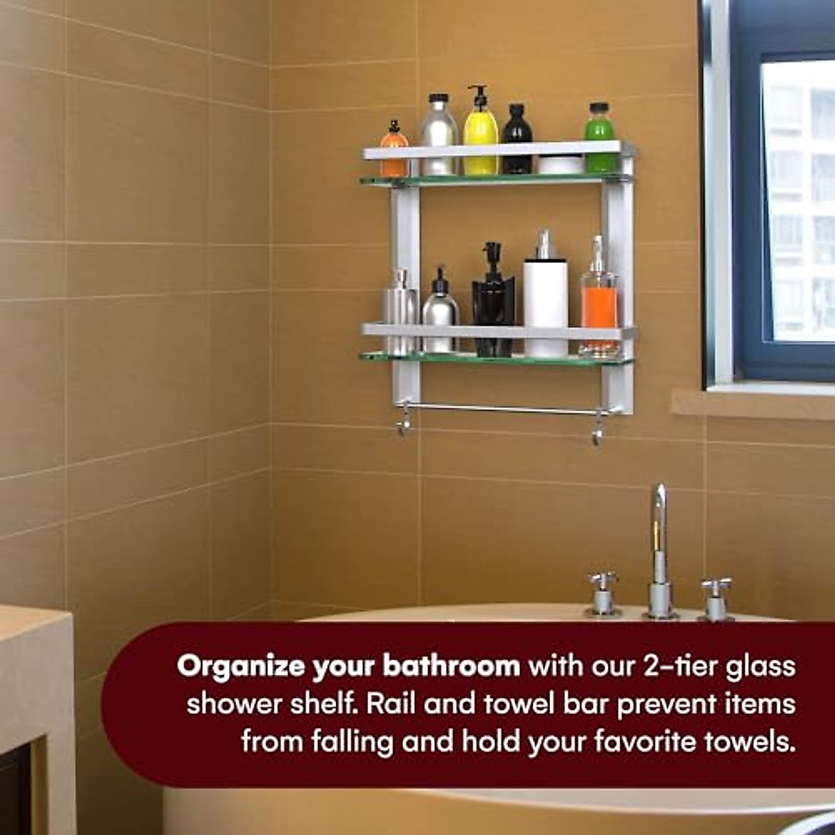 Vdomus Glass Bathroom Wall Organizer Shelf, 2-Tier Glass Shelf with Integrated Towel Bar Wall Mounted Shower Storage 15.2 by 5 inches, Brushed Silver Finish (2 Tier Glass Shelf)