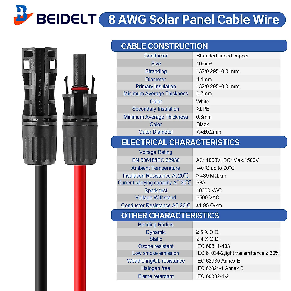 BeideLt Solar Panel Wire- 20FT Black & 20FT Red Tinned Copper Wire, 8AWG(10mm²) Solar Extension Cable with Female and Male Connectort with Adapter Tool Kit,Solar Extension Cable for Solar Panel