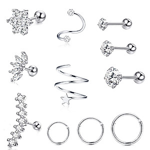 MILACOLATO Cartilage Earring 11Pcs 16G 18G Stainless Steel Cartilage Earrings Stud Hoops Conch Forward Helix Earrings Tragus Daith Piercing CZ Barbell Stud Cartilage Piercing Jewelry for Women of All Ages-silver