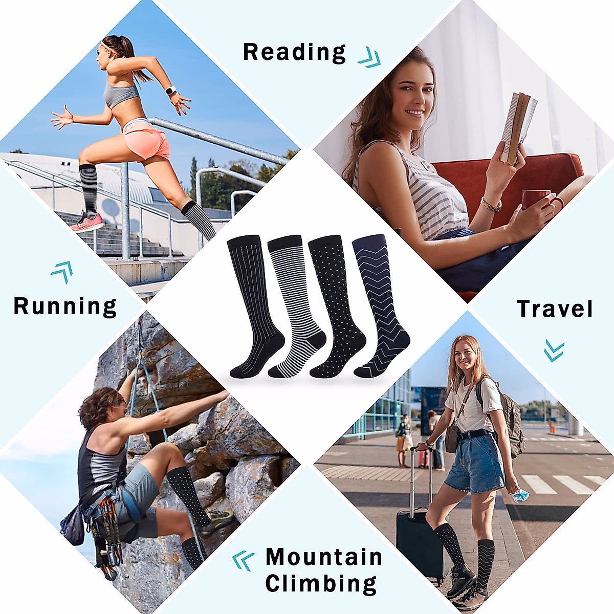 Compression Socks for Women & Men 20-30mmgh Knee High Socks for Running Nurse Travel 4-Pairs Striped Polka Dot