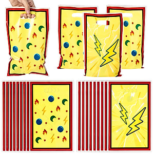 BOpusail 50Pcs Cartoon Lightning Bolts Party Favor Bag with Handle Plastic Goodie Bags Candy Treat Bag Flash Weather Theme Party Decoration Supplies for Boys Girls Kids Birthday Baby Shower Holiday