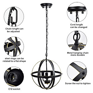 DLLT Chandelier Farmhouse Hanging Lighting, 3 Lights Globe Ceiling Light Fixture, Metal Swag Pendant Lighting for Kitchen, Dining Room, Living Room, Hallway, Bedroom, Entryway, E12 Base Gold