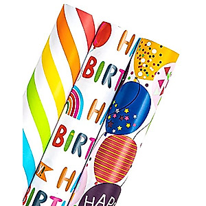 WRAPAHOLIC Birthday Wrapping Paper Roll - Mini Roll - 3 Rolls - 17 Inch X 120 Inch Per Roll - Colorful Balloons, Stripes, Happy Birthday for Party, Celebration, Baby Shower