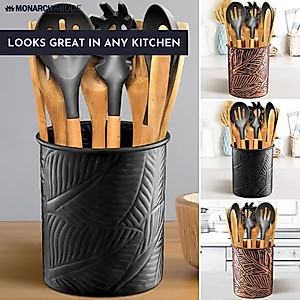 Monarch Abode 49677 Metal Handcrafted Floral Embossed Caddy, Kitchen Interior Organizer for Utensils, Crock for Cooking Utensils, Multipurpose, Large Utensil Holder, Antique Copper Finish