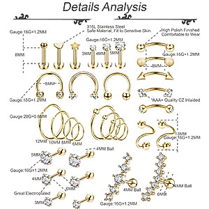 REVOLIA 32Pcs Stainless Steel Cartilage Stud Earrings for Women Conch Helix Tragus Daith Conch Hoop Earing Piercing Jewelry Set Gold