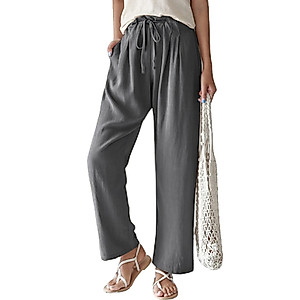 ebossy Women's Summer Drawstring Elastic Waist Cotton Linen Utility Beach Palazzo Pants Pockets (XL, Grey)