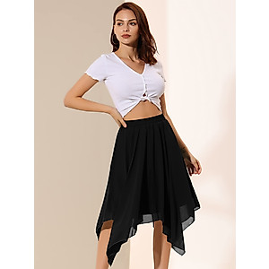 Allegra K Women's Elastic Waist Chiffon Handkerchief Hem Midi Skirt Medium Black