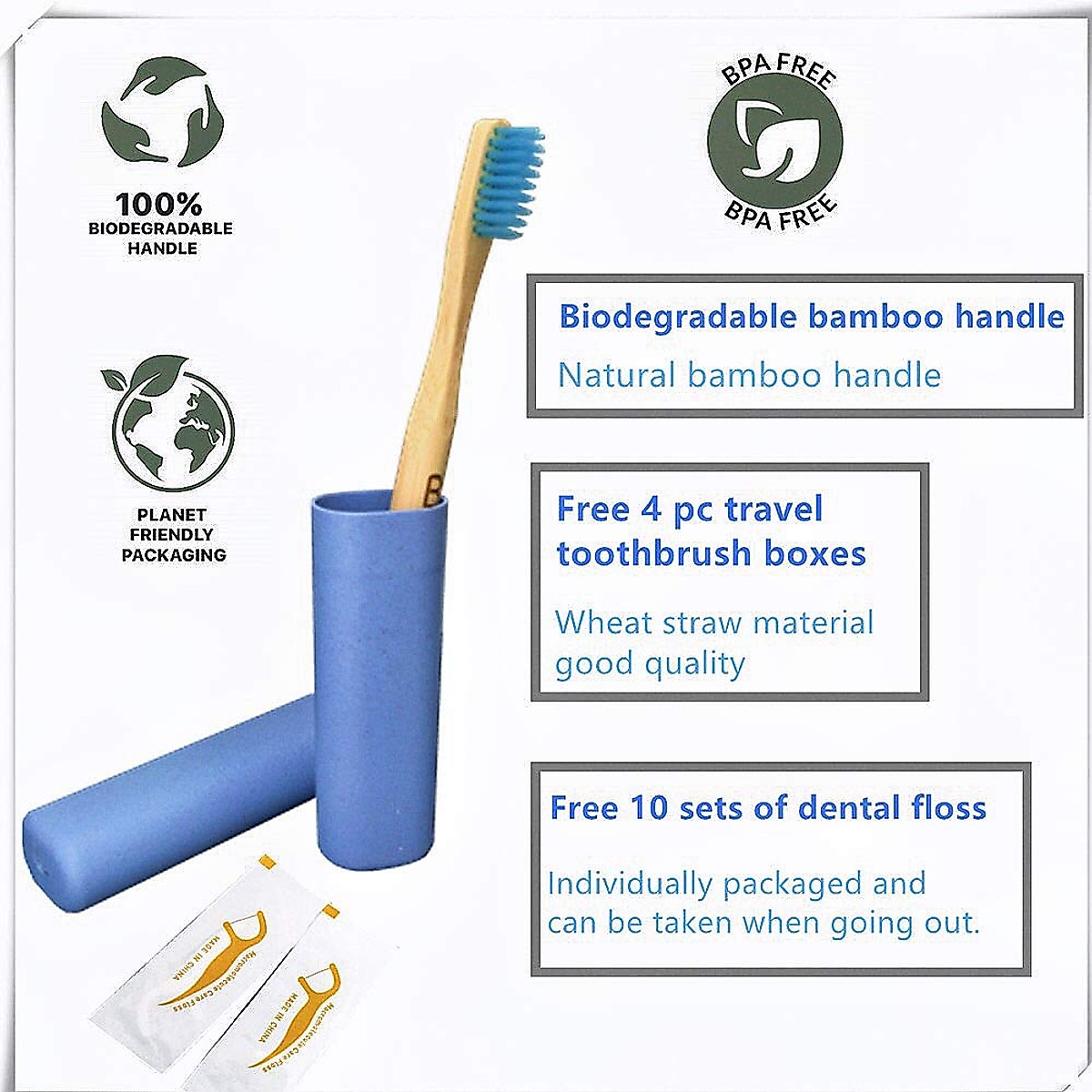 Bamboo Toothbrush （4-pack with Cases ）- Soft Eco Friendly, with 4 Pc Travel Toothbrush Case and 10 pack Dental Floss - Bpa Free Biodegradable - Wood Kit