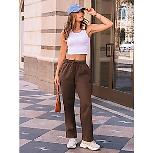 AUTOMET Women's Wide Leg Sweatpants Fleece Lined Baggy Straight Leg Lounge Pants Fall Outfits Athletic Joggers with Pockets Brown L