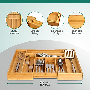TreeLen Bamboo Expandable Drawer Organizer, Adjustable Cutlery Organizer in Drawer, Kitchen Utensil Organizer Silverware Tray for Drawer, Cutlery Tray Utensil Tray, Silverware Holder for Drawer