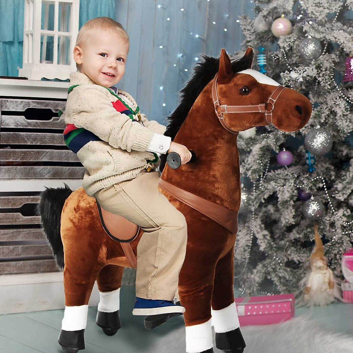 Ride-On Horse,Toy Horse,Riding Horse,No Battery,No Electricity,Mechanical Pony Brown,Ride On Real Walking Horse for Children 4 to 12 Years Old or Up to 165.34 Pounds-187.39 Pounds,Large,Brown (Brown)