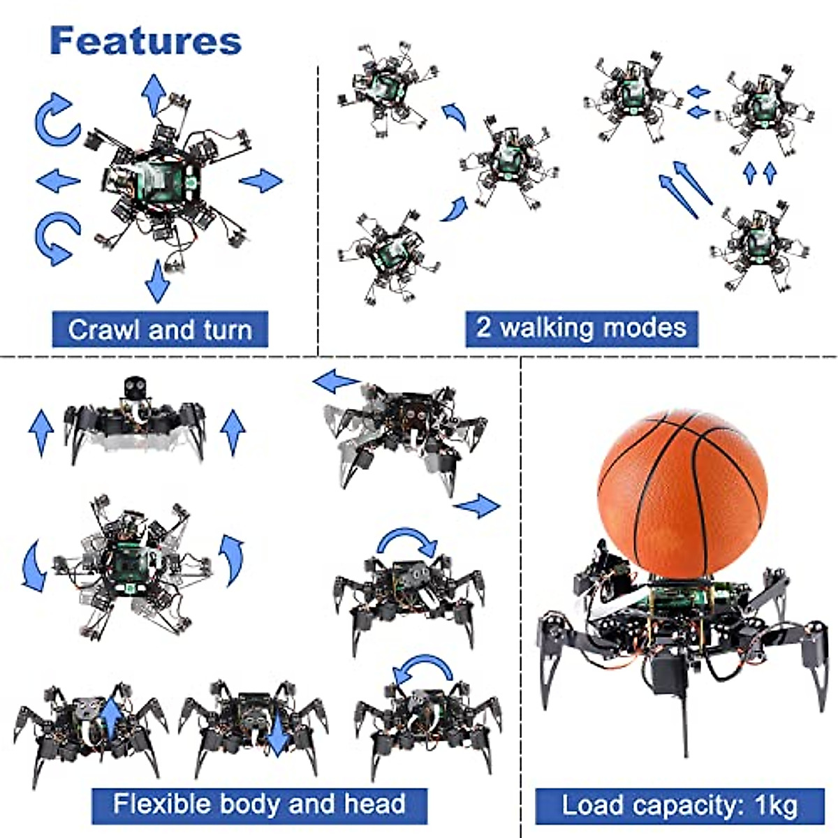 FREENOVE Big Hexapod Robot Kit for Raspberry Pi 4 B 3 B+ B A+, Walking, Self Balancing, Live Video, Face Recognition, Pan Tilt, Ultrasonic Ranging, Camera Servo (Raspberry Pi NOT Included)