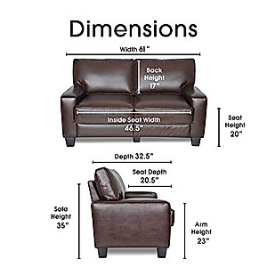 Serta Palisades 61" Track Arm Sofa, Durable Bonded Leather, Soft Pillow Back, Pocket Coil Seat Cushions, Loveseat or Couch for Small Spaces, Living Rooms or Bedrooms, Chestnut Brown