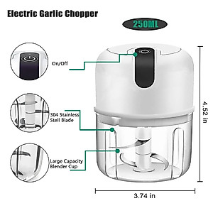 250ML Electric Garlic Chopper, Mini Portable Veggie Chopper, Garlic Grinder Masher Onion Chopper, Blender to Vegetable, Wireless Food Processor for Ginger, Chili, Fruit, Meat, etc
