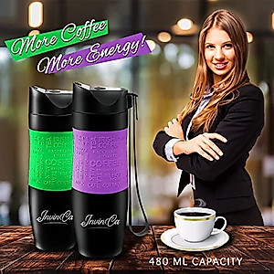 INVINCEA ONE-CLICK Travel Mug: Thermal Vacuum-Insulated Coffee Mug, Double-Wall Stainless Steel Durable Mug with a Leak Proof Lid for your Daily Hot/Cold/Ice Drinks; 16-oz Metal Cups. Black/Violet