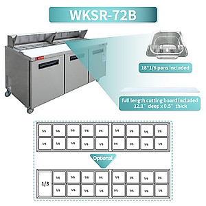 WESTLAKE 72" W 3 Door Refrigerator Sandwich&Salad Prep Table Commercial Stainless Steel Counter Fan Cooling Refrigerator with 18 pans-72 Inches for Restaurant, Bar, Shop, etc