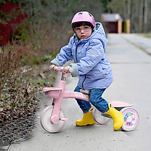 SEREED Colorful Lighting Toddler Tricycle for 2-5 Years Old Girls, Adjustable Seat&Handlebar Trike, Removable Basket, Birthday Gift Idea for Kids Ages 2+ (Pink)