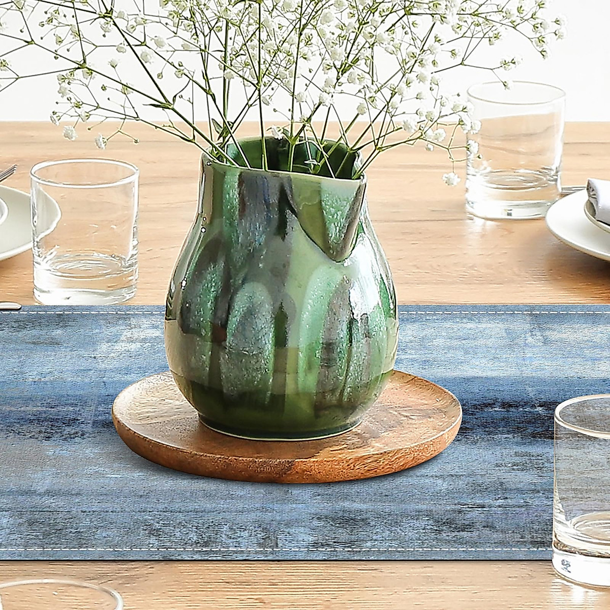 Blue Grey Table Runners Modern Art Farmhouse Linen Table Runners Dresser Scarves Retro Rustic Style for Party Kitchen Dining Table Coffee Holiday Party Decor (Blue Grey, 13"x 71")