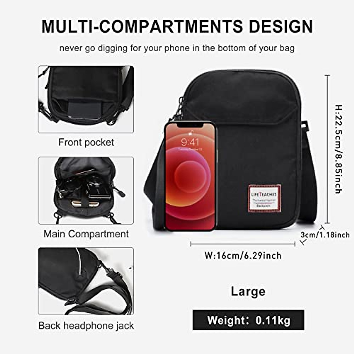 Mini Crossbody Bag Small Shoulder Bag For Men Travel Wallet Passport Holder Phone Purse Unisex, Mini Messenger Satchel Bag For Women Fanny Pack Neck Pouch Bag With Headphone Jack - Black Large SIze
