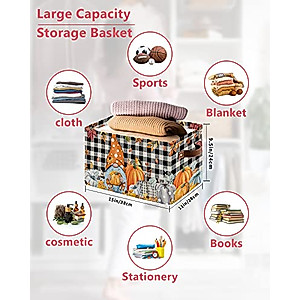 Storage Bin Foldable Storage Basket Pumpkin Gnome Thanksgiving Fall Maple Leaf,Large Storage Bins Handles Storage Baskets for Organizing,Farm Harvest Black Checker Collapsible Storage Cubes Organizer