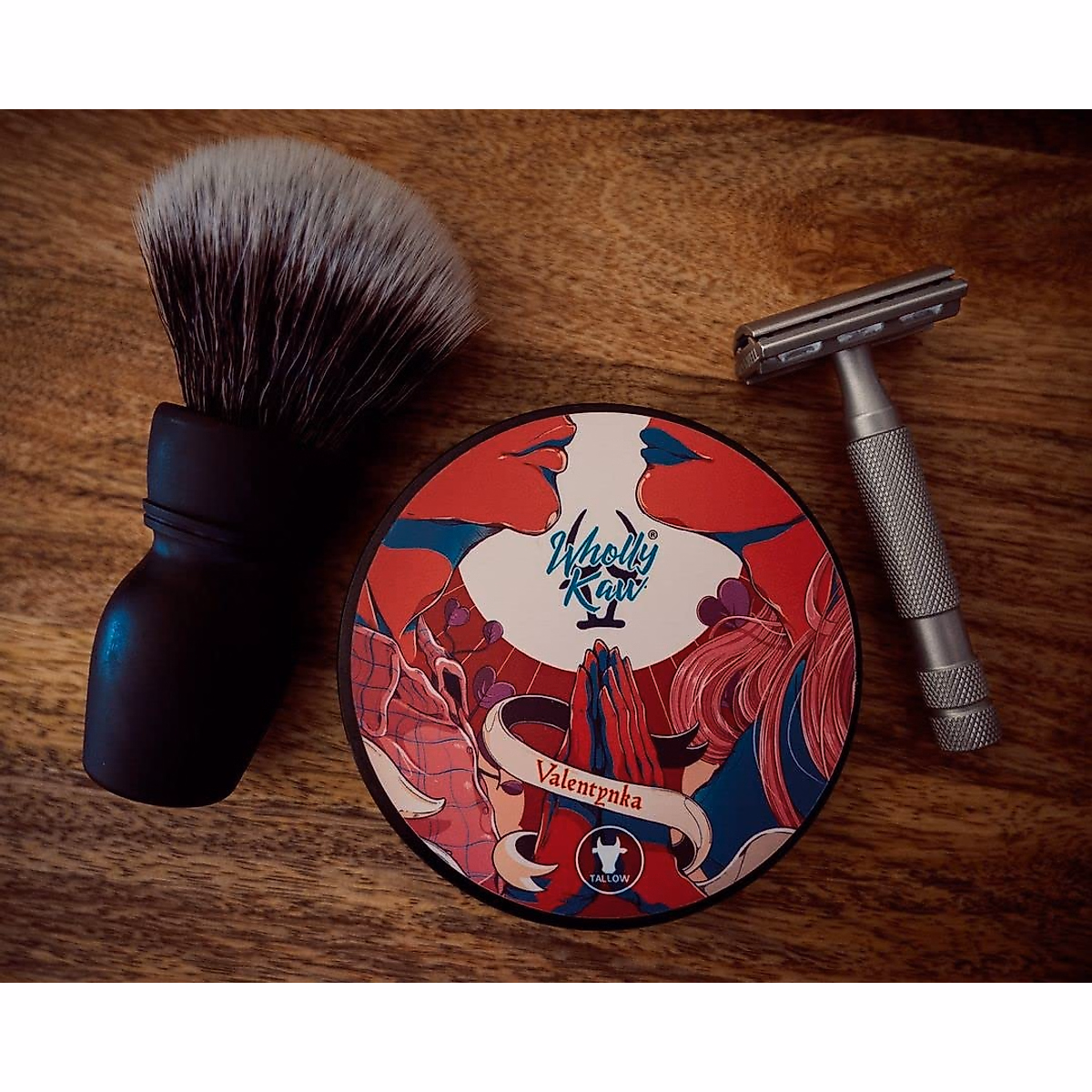 Valentynka Tallow Shaving Soap. Enriched with Donkey Milk, Water Buffalo Milk, Whey Proteins, Omega 3, Omega 6, Hops Extract. Canadian Fir, Leather, Orange, Jasmine, Sugar, Amber, Saffron, Cedarwood