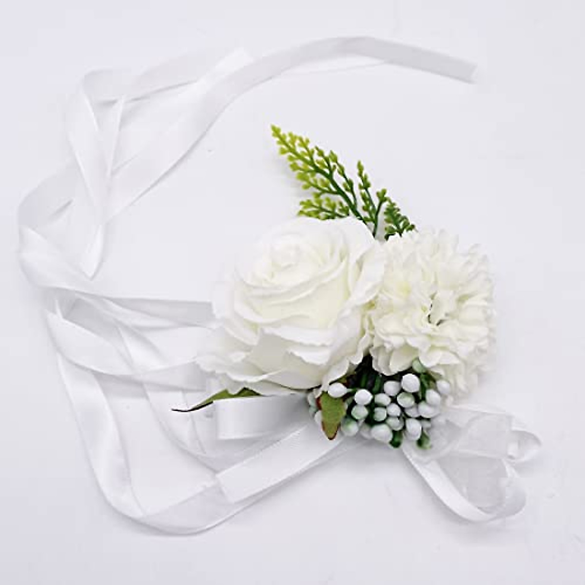 Milisente Rose Wrist Corsage Wristlet Band Bracelet and Men Boutonniere Set for White Wedding Flowers Accessories Prom Suit Decorations(White)