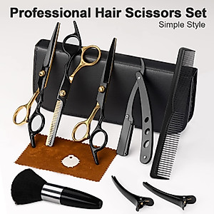 Hair Scissors,11Pcs Professional Black Gold Hair Cutting Scissors Shears Sets,Stainless Steel Barber Scissors Supplies,Straight Shears, Thinning Shears, Multi Use Haircut Sets for Home Salon Barber