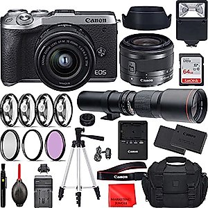M6 Mark II Mirrorless Digital Camera with 15-45mm Lens (Silver) vlogging Bundle, 500mm f/8.0 Preset Manual Focus Lens, Travel Kit with Accessories (Extra Battery, Flash, 64Gb Memory +More)