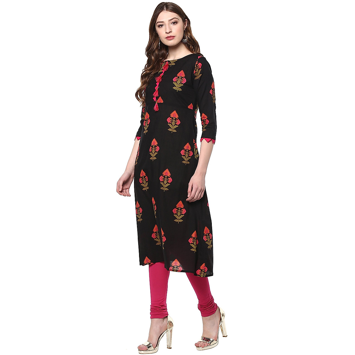 Janasya Indian Women's Tunic Tops Cotton Kurti for Women(JNE2170-KR-436-XL) Black