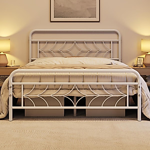 Topeakmart Queen Bed Frames Metal Platform Bed with Sparkling Star-Inspired Design Headboard and Footboard/13 Inch Underbed Storage/No Box Spring Needed/Sturdy Slat Support, White Queen Bed