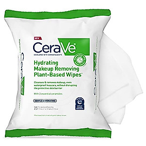 CeraVe Hydrating Facial Cleansing Makeup Remover Wipes| Plant Based Face Wipes| Biodegradable in Home Compost| Face Wash Cloth| Suitable for Sensitive Skin| Fragrance-free Non-comedogenic| 25 Count