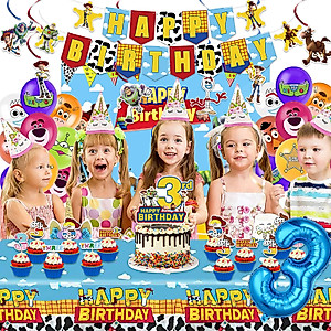 Toy Inspired Story Birthday Decorations For 3 Year Old,Include Happy Birthday Banner,Balloons,Backdrop,Tablecloth Cake Topper For 3rd Birthday Decorations for Boys.