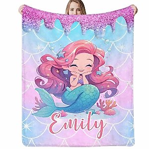 Jaydouble Custom Blankets with Name for Children, Personalized Gifts Black Mermaid Throw Blanket for Boys Girls