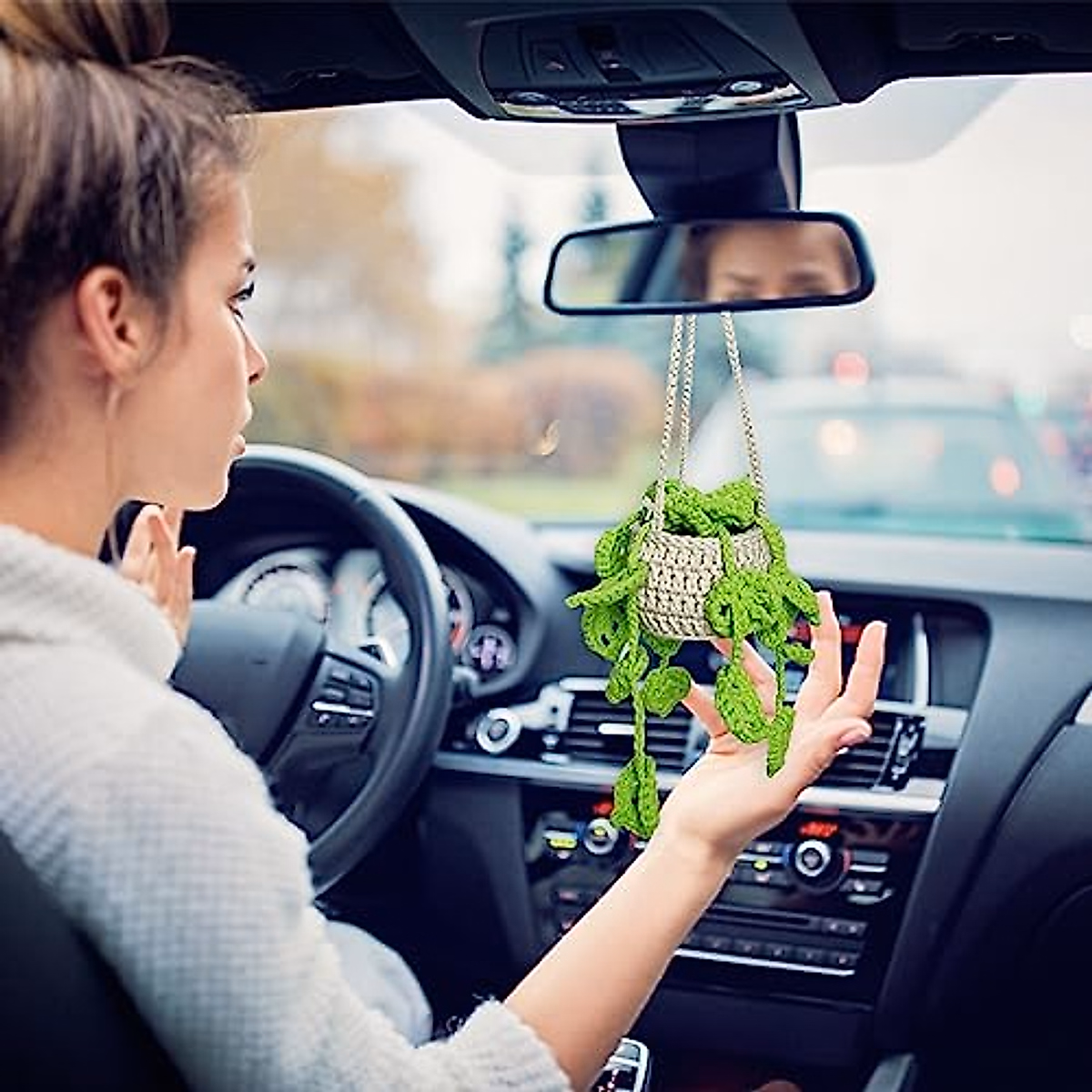 Crochet Hanging Plant for Car Cute Potted Plants Crochet Decor Car Mirror Hanging Accessories Rear View Ornament Hanging Boho Handmade Knitted Pendant (Light Green)