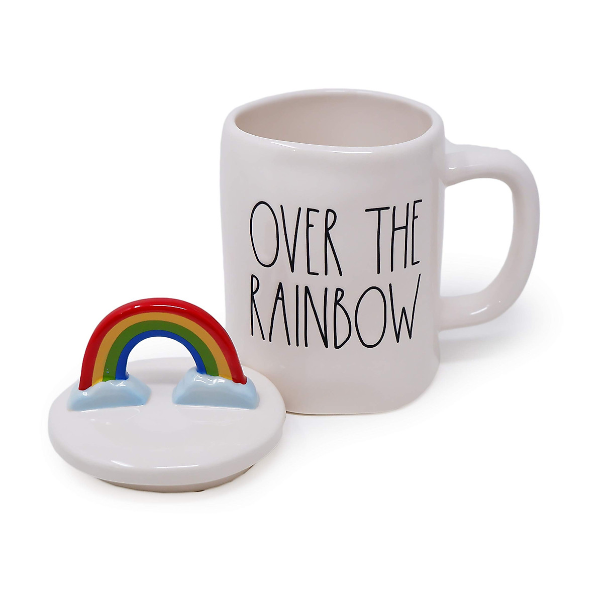 Rae Dunn Artisan llection OVER THE RAINBOW Glossy White ffee Tea Mug with Rainbow Clouds Topper,Green, White,7.25 H X 3.75 D x 5.5 Across luding handle