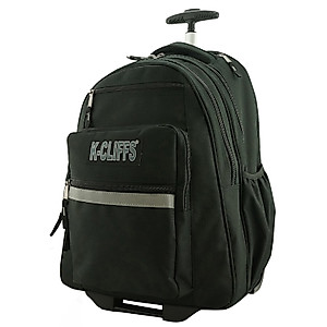 K-Cliffs Heavy Duty Rolling Backpack School Backpacks with Wheels Deluxe Trolley Book Bag Wheeled Daypack Workbag Multiple Pockets Bookbag with Safety Reflective Stripe Black