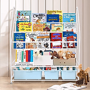 aboxoo Metal Kids Bookshelf Freestanding Bookcase for Children Room 32 in Toy Organizer Large Modern MinimalistWhite Stable Metel Bookstore Bedroom, Living, Library Book Unit Storage