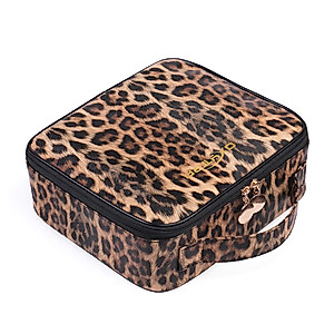 OXYTRA Makeup Bag Leopard Print PU Leather Travel Cosmetic Bag for Women Girls - Cute Large Makeup Case Cosmetic Train Case Organizer with Adjustable Dividers for Cosmetics Make Up Tools