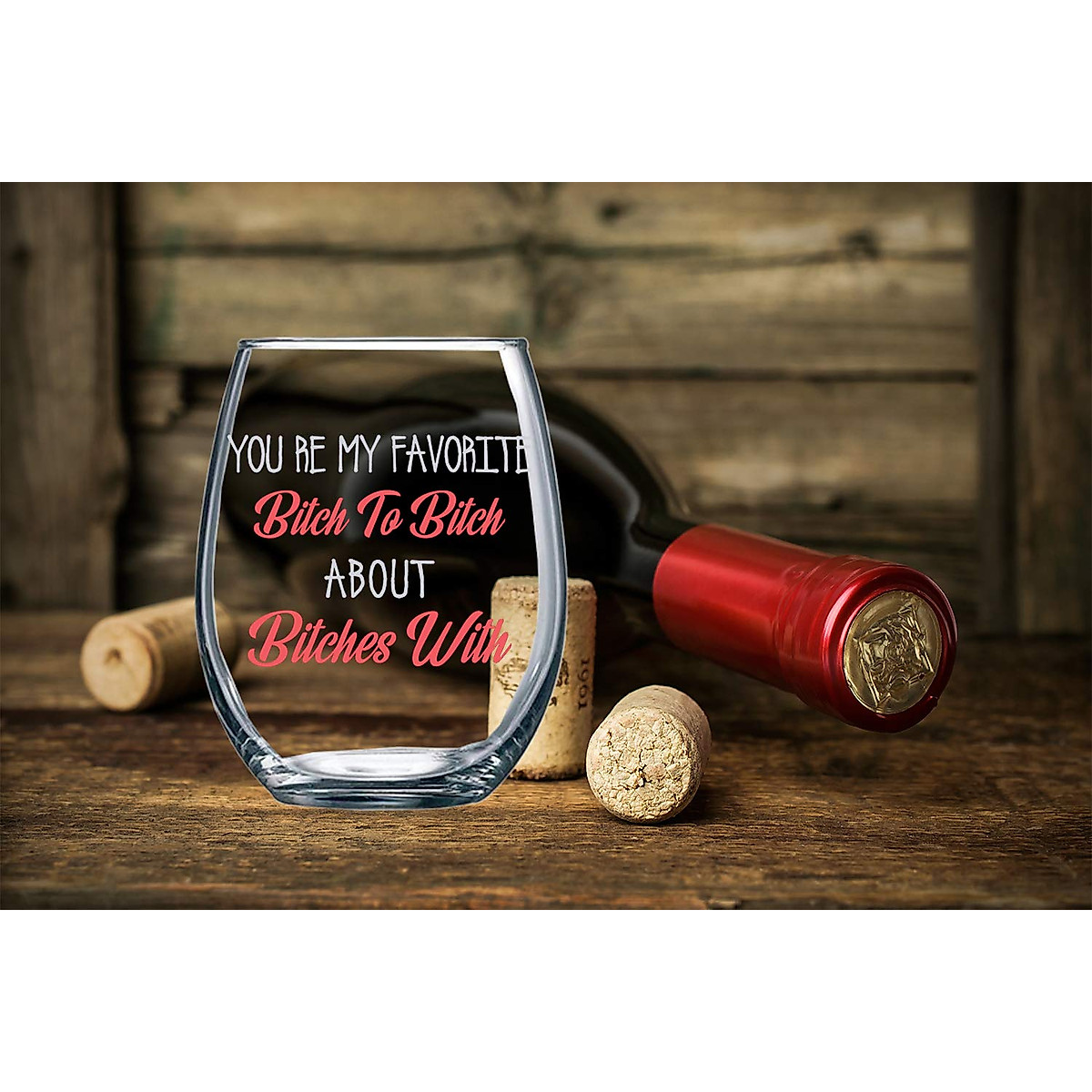 Your my Favorite Bitch to Bitch About Bitches with Funny 15oz Stemless Crystal Wine Glass - Fun Wine Glasses with Sayings Gifts for Women