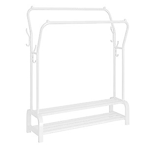 ACCSTORE Garment Rack Drying Rack Freestanding Hanger Double Rails Bedroom Clothing Rack with 2-Tier Lower Storage Shelf,White
