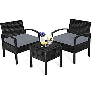 HAPPYGRILL 3 Pieces Patio Conversation Set Outdoor Wicker Furniture Set Rattan Table Chairs Set with Seat Cushions Modern Bistro Set with Coffee Table for Garden Balcony Backyard
