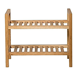 Solid Wood Oak Shoe Rack Organizer with 2 Shelves Hallway Wooden Small Stackable Shoes Storage Stand 2 Tier Fits 4 Pairs Rustic Country Farmhouse Design Space Saving Hall 2 Tiers Home Durable Brown
